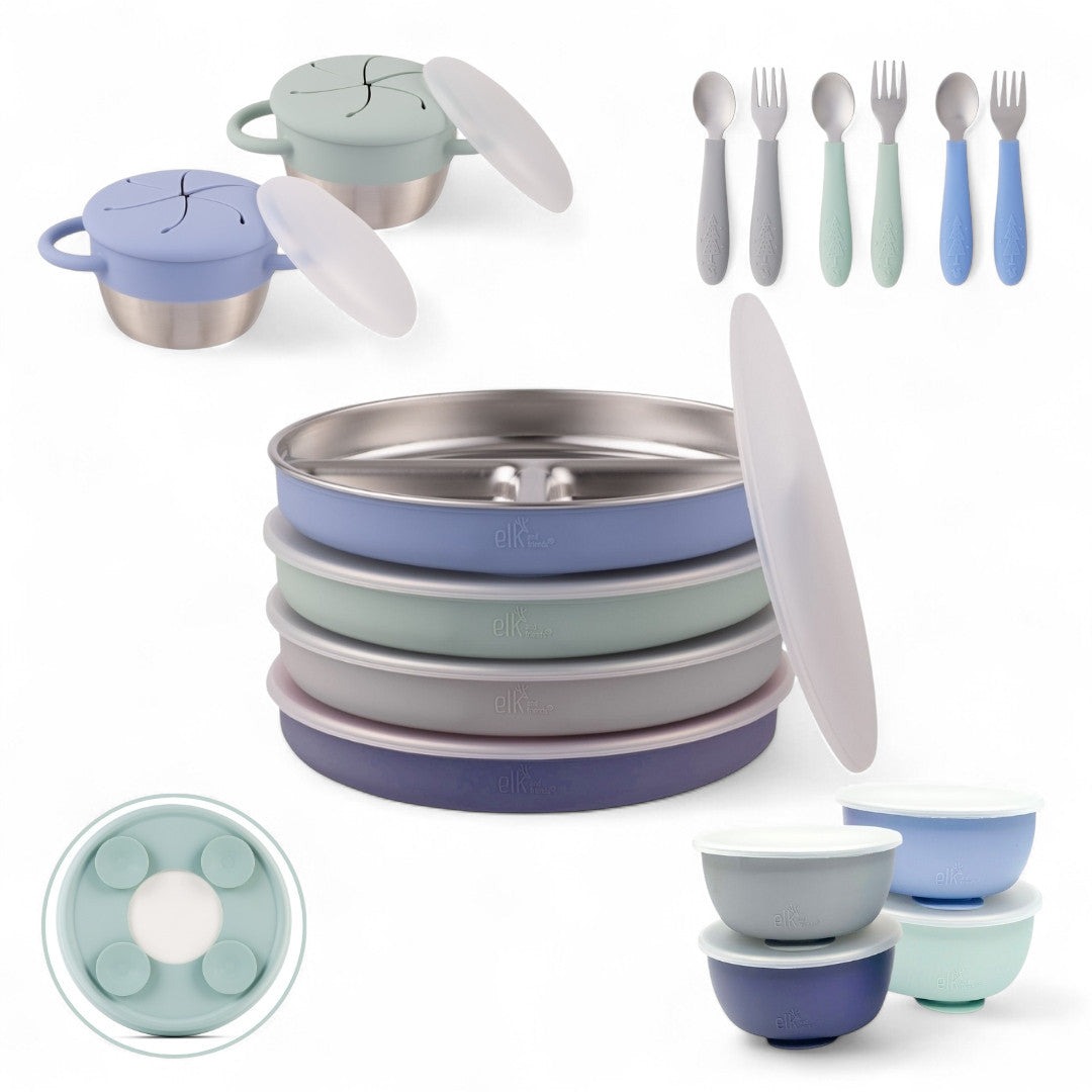 Stainless Steel Mealtime Bundle | Suction Sleeves | Plates, Bowls, Sna ...